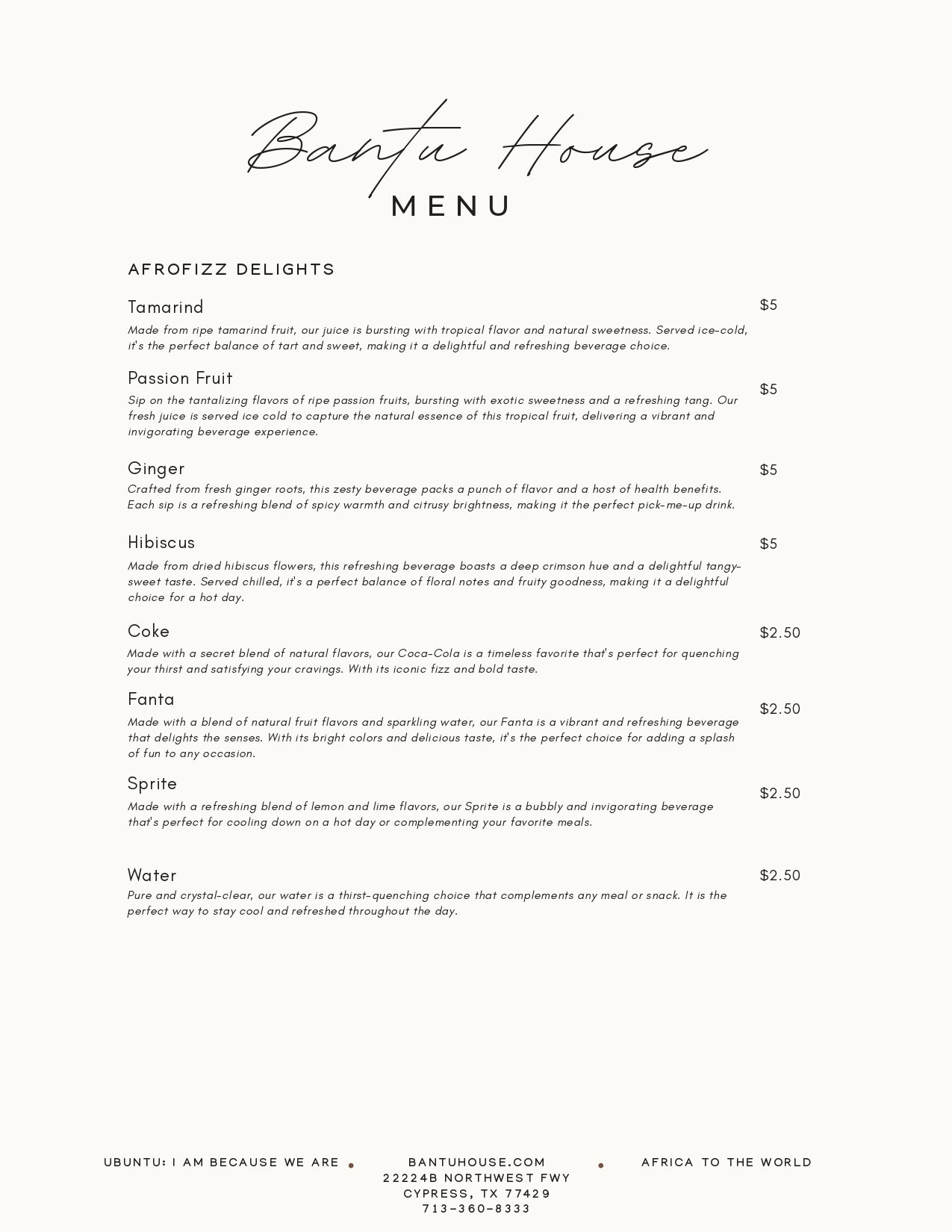 Menu - Bantu House: Best African Restaurant Cypress, TX
